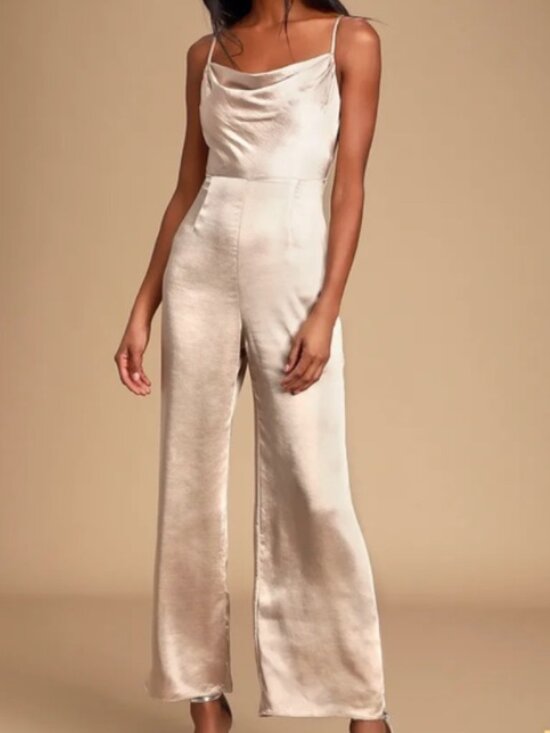 Lulus | Pants & Jumpsuits | Lulus Champagne Satin Jumpsuit Elegant Wide ...